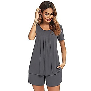 Roojaa Womens Pajama Set Pleated Loose Short Sleeve Pjs Soft Summer Casual Sleepwear Dark Grey