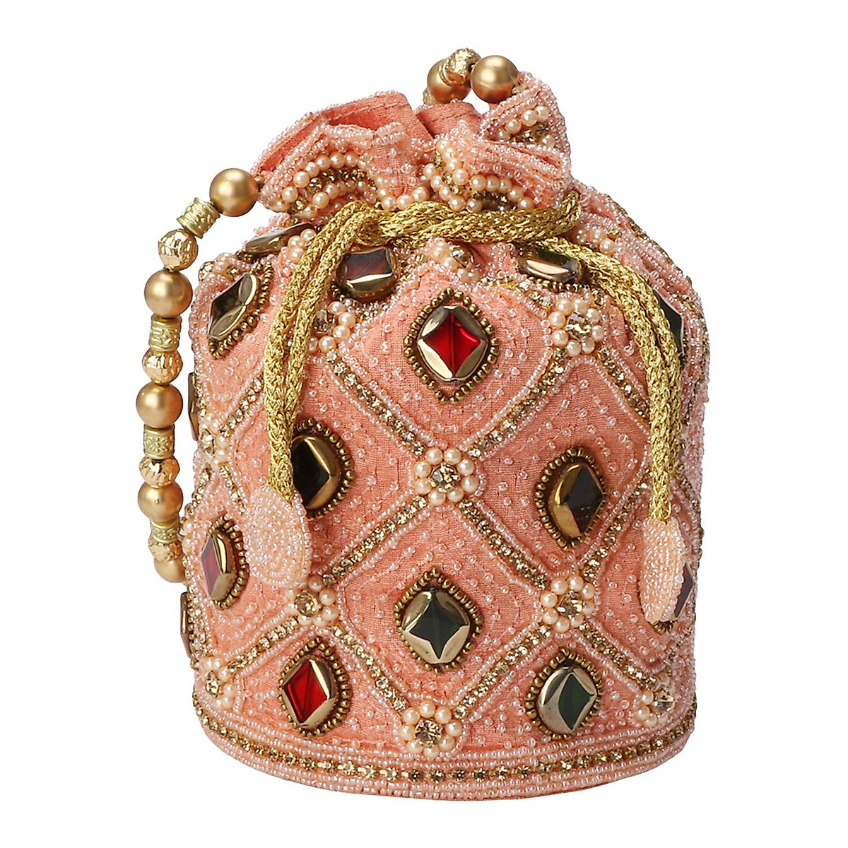 Indian Ethnic Clutch Silk Potli Batwa Pouch Bag with Beadwork Gift For Women (Peach)