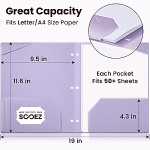 Sooez Plastic Pocket Folders with Reference Guide, 5 Pack Heavy Duty Folders with Pockets, 4 Pocket Folders with Pockets 3 Hole Punched, Stores Well in 3-Ring Binders, 5 Primary Colors