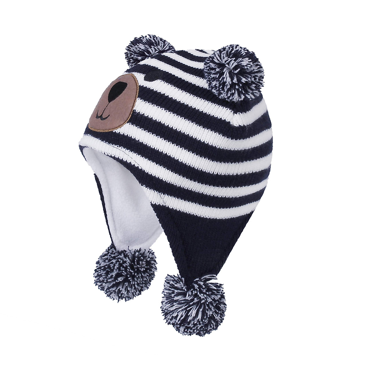 LANGZHEN Toddler Kids Infant Winter Hat,Earflap Knit Warm Cap Fleece Lined Beanie for Baby Boys (Bear -Navy Stripe, L(50-52CM/19.69"-20.47"))