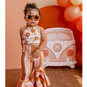 BOIBOKOKO Kid Baby Girl Summer Clothes Spaghetti Straps Floral Tank Top Rainbow Flared Pants Bell Bottom Outfit (Colorful, 6-12 Months)