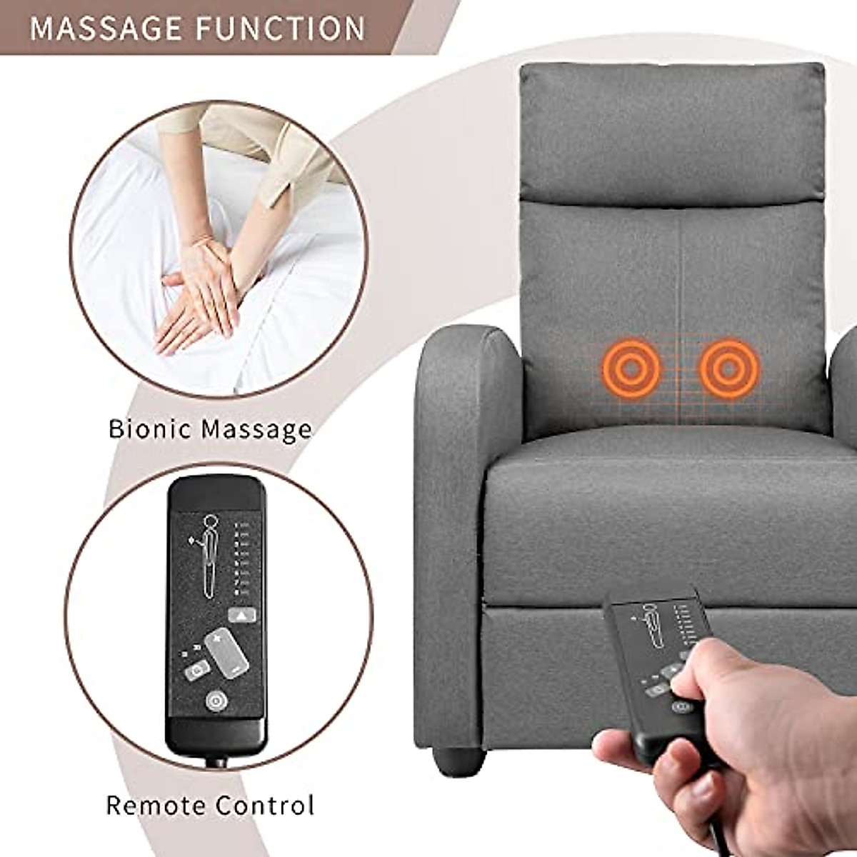 Flamaker Fabric Recliner Chair Massage Recliner Sofa Chair Adjustable Reclining Chairs Home Theater Single Modern Living Room Recliners with Thick Seat Cushion and Backrest (Grey)