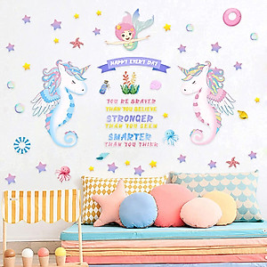 3 Sheets Unicorn Wall Decal Stickers Large Size Unicorn Mermaid Wall Decor for Girls Kids Bedroom Nursery Christmas Birthday Party Decoration Seahorse Unicorn Design
