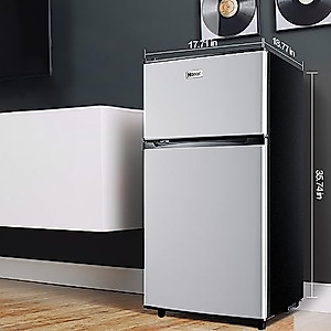 WANAI Mini Fridge With Freezer 3.5 Cu.Ft Dual Door Small Refrigerator Energy-efficient, Low Noise, Mini Fridge For Bedroom Dorm and Office, Silver