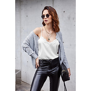 Ekouaer Women 2 PCS Cami Lace Satin Silk Tops Adjustable Spaghetti Strap Tank Shirt V Neck Tank Tops White & Champagne S