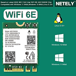 NETELY WiFi 6E AX210NGW 5400Mbps Tri-band NGFF M2 Interface WiFi Adapter with Bluetooth 5.2 for Windows 10 11 64bit Laptop PCs, 2.4GHz 574Mbps 5GHz 2400Mbps 6GHz 2400Mbps for Gaming (WiFi 6E AX210NGW)