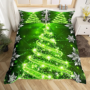 Erosebridal Green Christmas Tree Bedding Set Christmas Themed Duvet Cover 2 Piece Christmas Decor Comforter Cover White Snowflake Xmas Bedspread Cover Happy New Year Gifts Bedding Twin Size