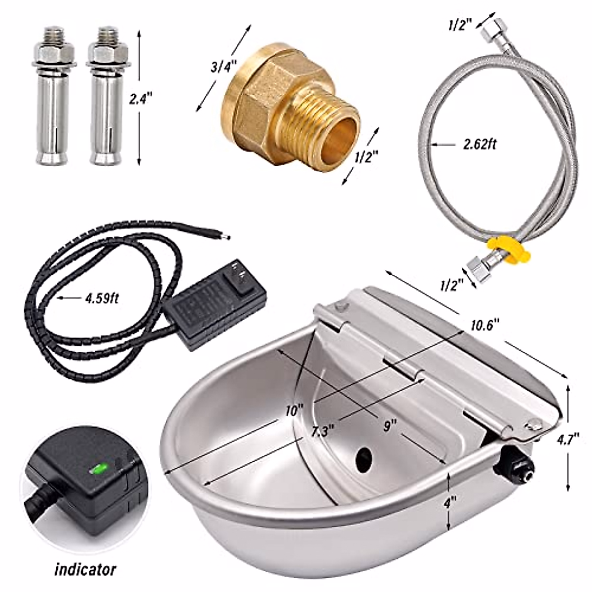 KHEARPSL Automatic Heated Dog Bowl Thermal-Bowl Livestock Waterer Water Trough Stainless Steel Auto Waterer for Chicken Dog Cattle Horse Pig Goat (Waterer+Pipe+Connector+Screw)