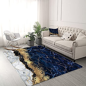 BlessLiving 3D Chic Marble Area Rug Soft White Marble Gilded Navy Blue Floor Mat Trendy Printed Design Reversible Large Carpet for Bedroom Kitchen Living Room, 4' x 6'
