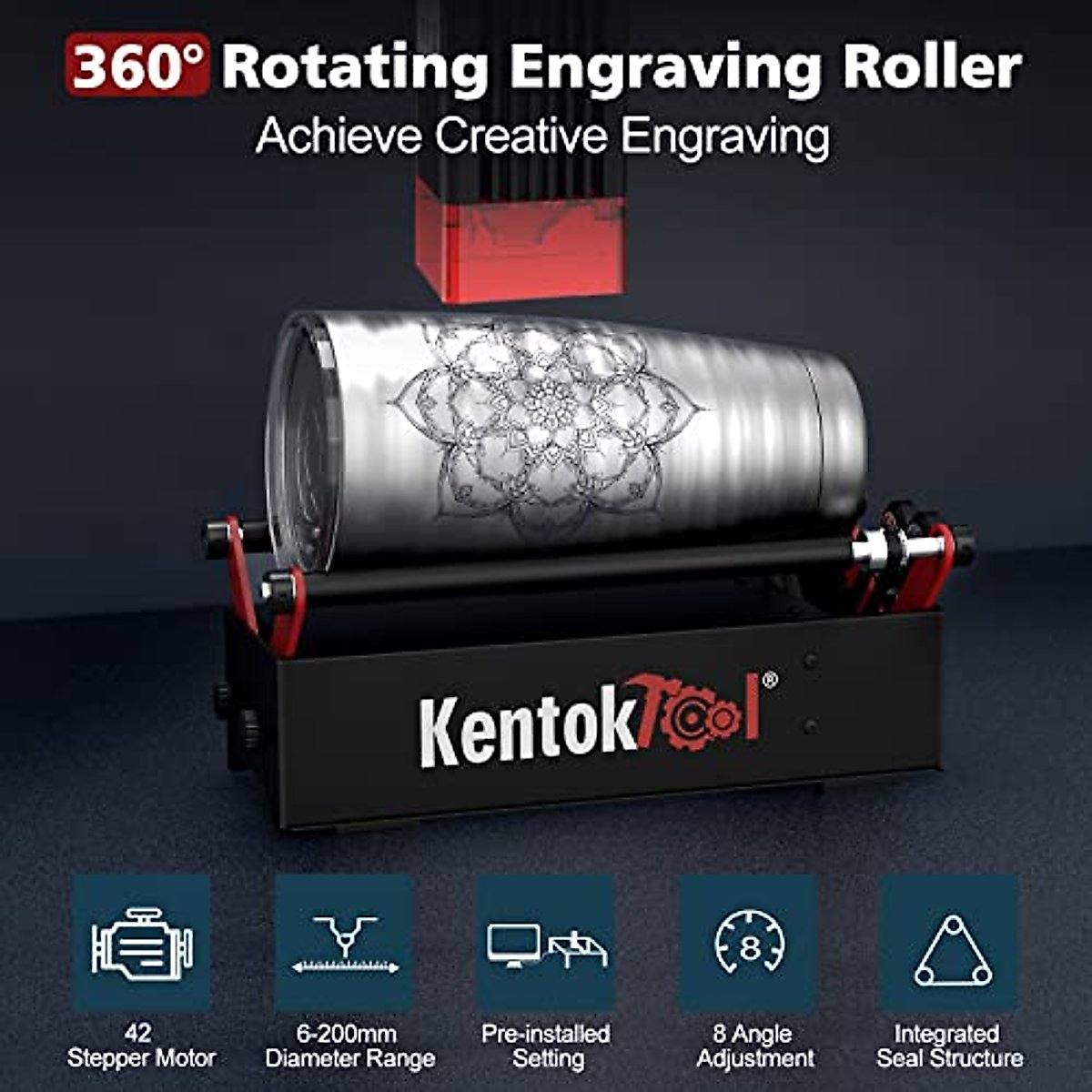 KENTOKTOOL ARot2 Rotary Roller for Laser Engraver, 360°Y-axis Roller with 8 Adjustment Diameters for 6 to 200mm Cylinders, Cups, Pens, Compatible with LE400PRO and Most Other Laser Engraving Machines