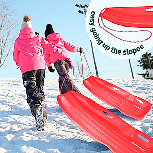 Slippery Racer Downhill Xtreme Flexible Adults and Kids Plastic Toboggan Snow Sled for Up to 2 Riders with Pull Rope, (2 Pack) (Red/Green)