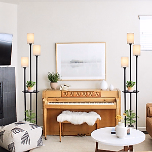 Stepeak Floor Lamp with Shelves, Modern Floor Lamps for Living Room, 3-Lights Standing Lamp with Linen Shade and Foot Switch, Industrial Standing Lamps for Bedroom, Black Tall Table Lamp for Office