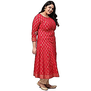 Yash Gallery Plus Size Cotton Gold Printed Anarkali Kurtis for Women (Red)