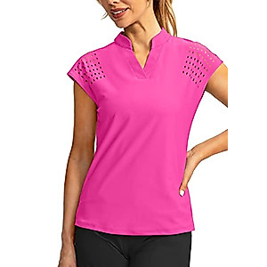 Soothfeel Women's Golf Shirt Cap Sleeve V Neck Polo Shirts Lightweight Quick Dry Workout Tennis Shirts Tops for Women(Rose, Large)