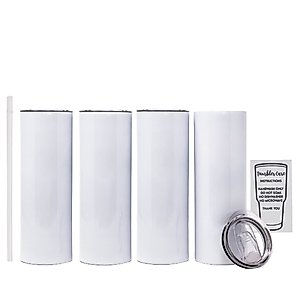 SUBconscious Blanks 20oz Sublimation Tumblers, Blank 4-Pack, Straight Skinny Drink Cups with 4 Reusable Plastic Straws and 4 Lids, Supports DIY Heat Transfers, Double Wall Stainless Steel, Travel Use