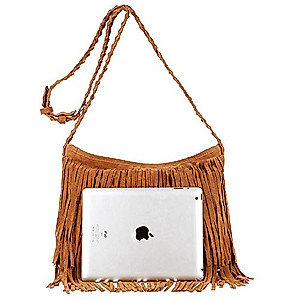 Goclothod Women Hippie Fringe Tassel Suede Hobo Shoulder Bag Vintage Messenger Crossbody Handbag Camel