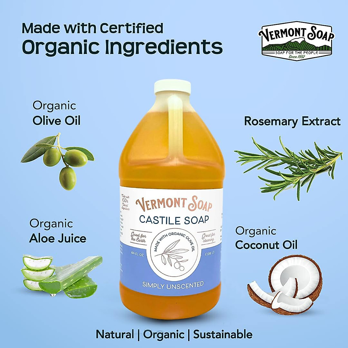 Vermont Castile Soap Unscented, Gentle Liquid Soap for Sensitive Skin & Natural Body Wash, Organic Hair Shampoo for Oily Hair, Aloe Castile Soap for Men & Women - 64 Oz