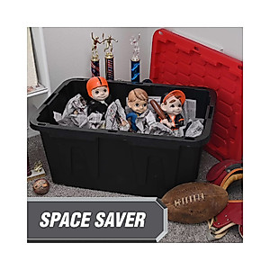 JJoiaS 27 Gallon Plastic Storage Bin Tote Organizing Container With Durable Lid and Secure Latching Buckles, Stackable and Nestable Snap Lid Plastic Storage Bin, 1 Pack, Black Base/Red Lid