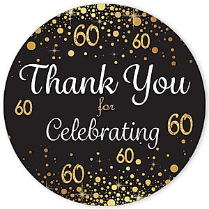 Black and Gold 60th Birthday Party Thank You Stickers - 40 Stickers