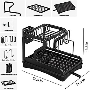 Dish Drying Rack for Kitchen Counter Over The Sink, Larger 2-Tier Dish Drying Rack Drainboard Set with Double-Layer Bowl Rack, Cup Rack, Drain Board, Sticky Board Rack, Cutlery Rack.
