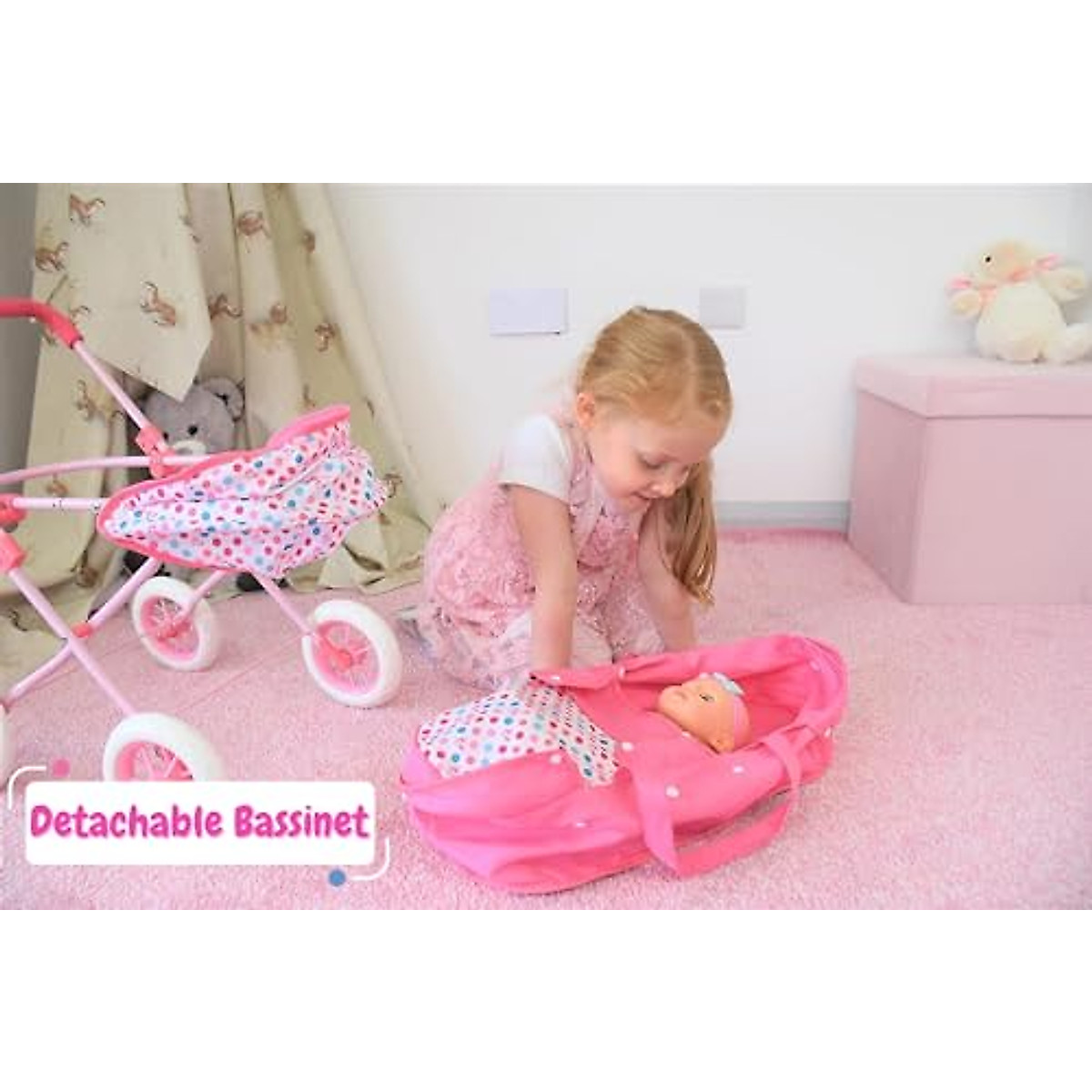 KOOKAMUNGA KIDS Baby Doll Stroller - Realistic 2 in 1 Baby Stroller for Dolls w/Detachable Bassinet – Toy Pram w/Carry Cot, Retractable Canopy & Soft Grip Handle - for Dolls up to 18" - Pink