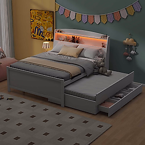 Mirightone Full Captain Bed with Trundle and Storage Drawers, Wood Platform Bed with LED Light Headboard, Twin Size Trundle Bed for Kids Boys Girls Teens, White