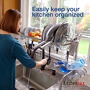 Kitchen Lux Over The Sink Dish Drying Rack - Kitchen Counter Dishes Drainer and Hanging Storage Organizer for Single, Wide, Double Sinks - Space Saving Design, Utensil Holder, Hooks Plate & Cup Rack