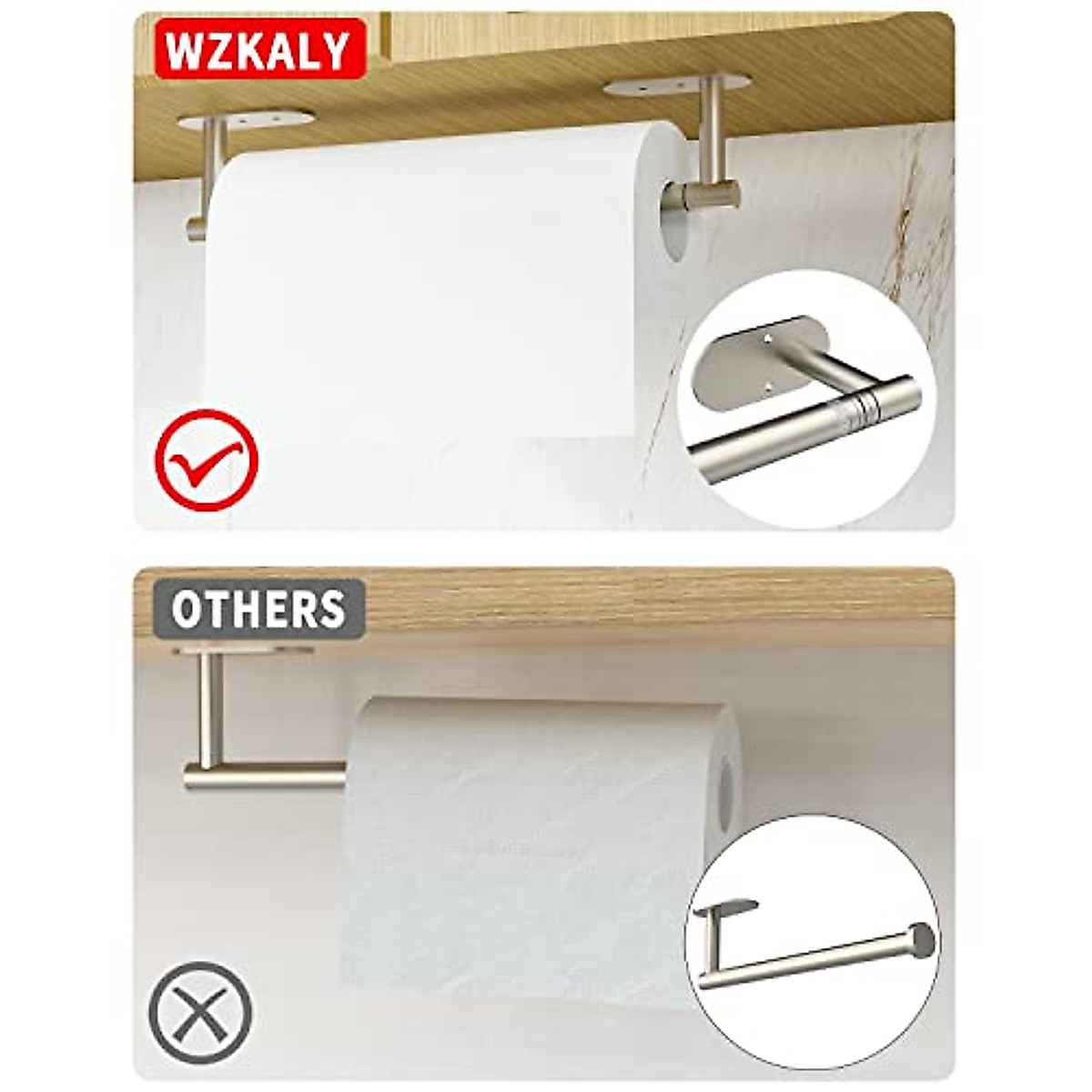 WZKALY Paper Towel Holder, Adhesive Paper Towel Holder Under Cabinet Self-Adhesive or Wall Mounted SUS304 Stainless Steel for Kitchen Bathroom Farmhouse Barbecue Laundry (Sliver)
