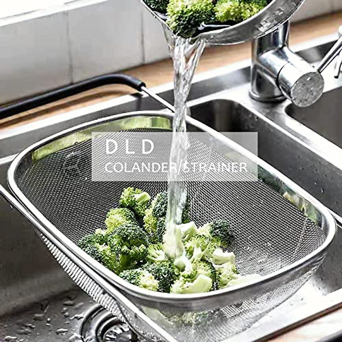 DLD colander stainless steel oval colander with fine mesh 6-quart strainer basket and expandable rubber handle-filter, drain and rinse fruits and vegetables