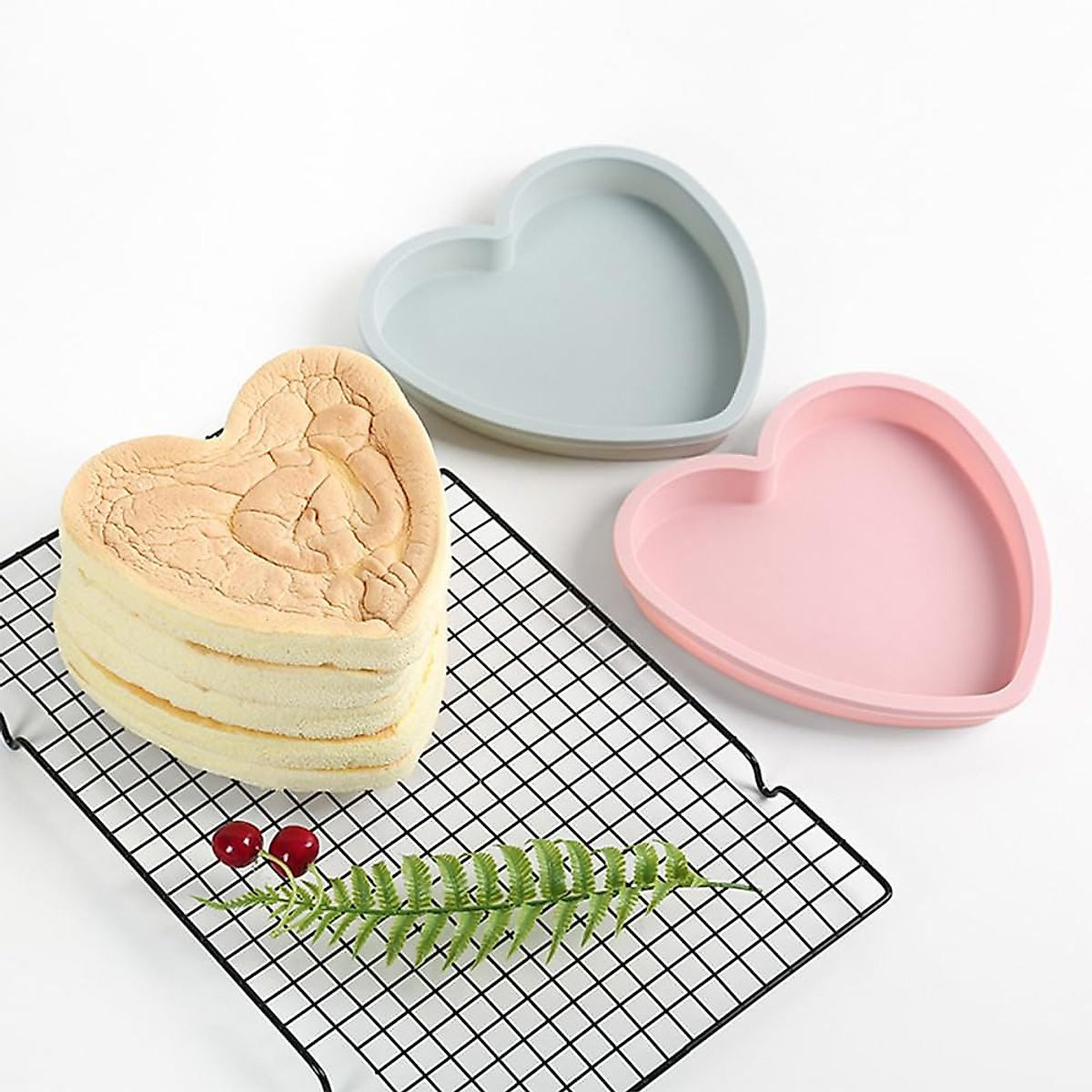 JINJIASUYISU 2 Pcs Silicone Cake Mold, Rainbow Cake Baking Pans, Heart Shape, Non-Stick, Easy to Clean, Ideal for Making Layer Cakes, Pizza, Vegetable Pancakes, Bread, Resin Art