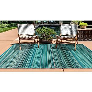 Rugshop Contemporary Stripe Reversible Crease-Free Waterproof Premium Recycled Plastic Outdoor Rugs for Patio,Backyard,RV,Deck,Picnic,Trailer,Beach,Camping Blue 3' x 5'