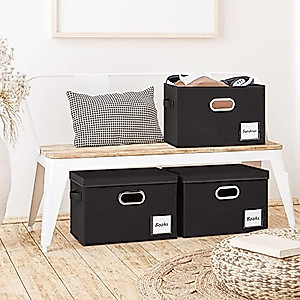 LHZK Large Storage Bins with Lids 6 Pack, Linen Fabric Storage Boxes with Lids, Foldable Storage Baskets with 3 Handles and Label Window for Shelves Bedroom Closet Office (15.75x11.8x10.2,Black,Beige)