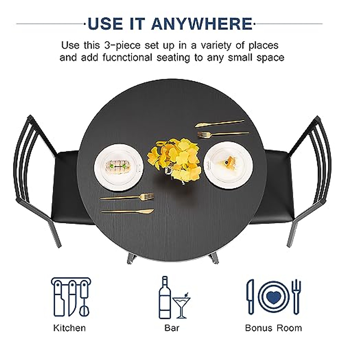 VECELO 3 Piece Kitchen Dining Room Set, Wood Round Table for Breakfast Nook Small Space, Dinette with 2 Cushioned Chairs, Matte Black