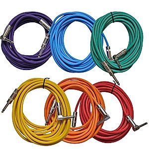 Seismic Audio - SAGC20R-BRPGYO - 6 Pack of Colored 20 Foot Right Angle to Straight Guitar Cables - 20' Multi-Color Guitar or Instrument Cables