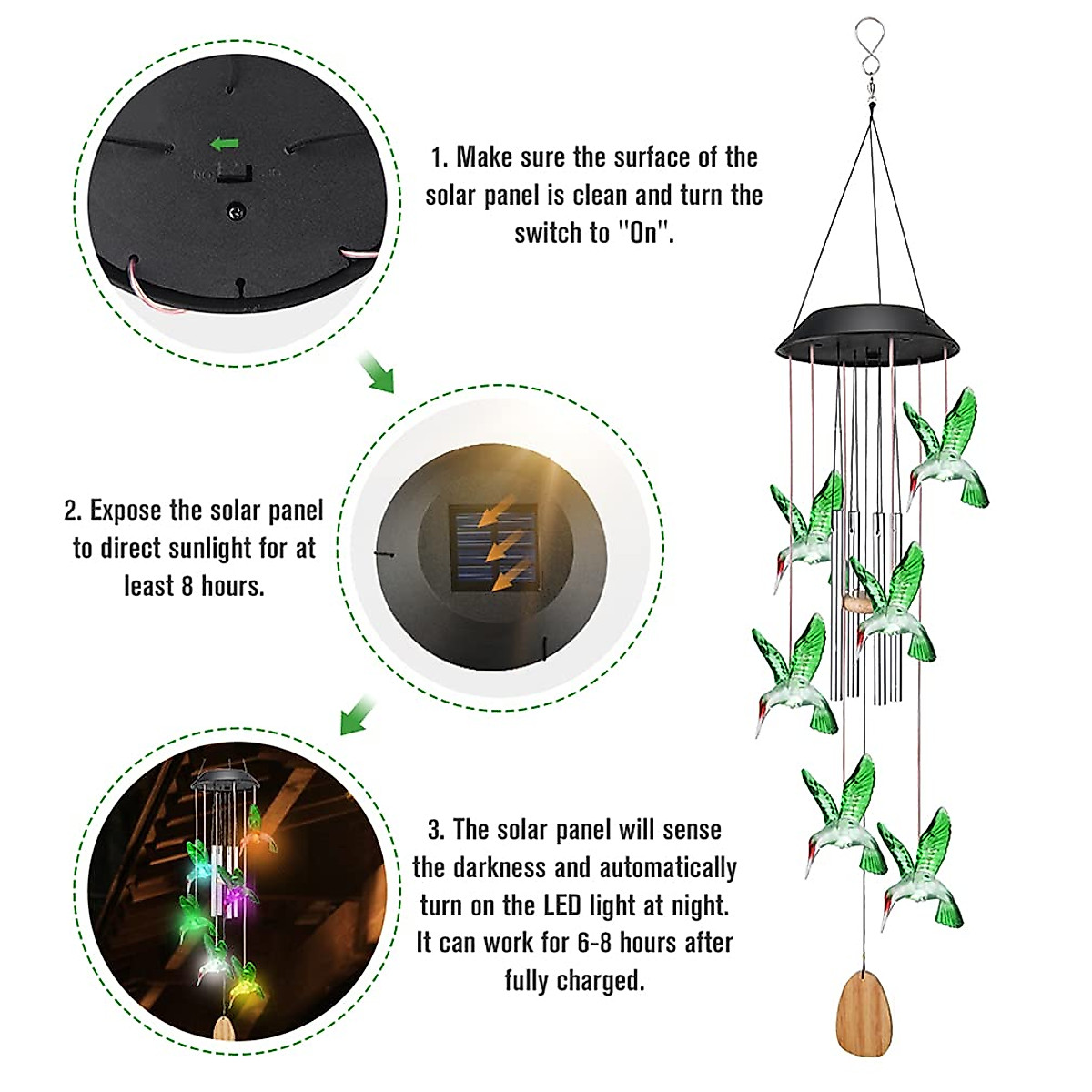 Solar Wind Chimes Outside Hummingbird Wind Chime Birthday Gifts for Mom Grandma - Memorial Windchimes Decor for Outdoor Yard Patio Porch Garden Backyard - IP65 Waterproof
