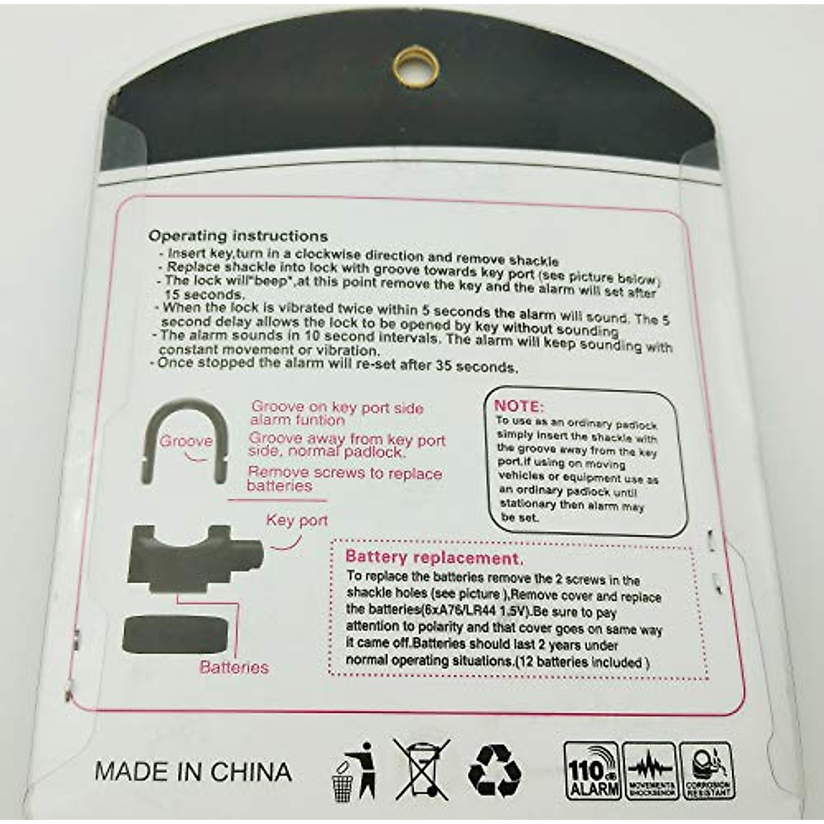 LianShi Alarm Lock 110dba Universal Security Alarm Lock System Anti-Theft for Door Motor Bicycle Padlock with 3 Keys (Black)