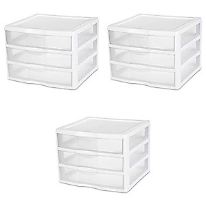 Sterilite 20938003 Wide 3 Drawer Unit, White Frame with Clear Drawers, 3-Pack