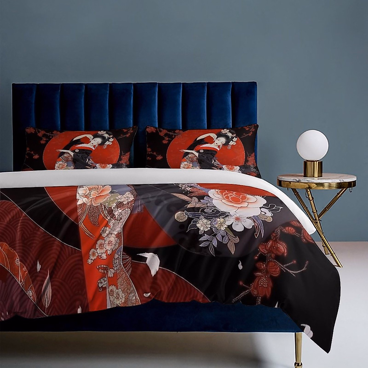 SceuQertc Red Geisha Girl Bedding Comforter Sets Lightweight Ultra Soft Comforter Bedding Set 3 Pieces (1 Duvet Cover, 2 Pillowcases) with Zipper Closure