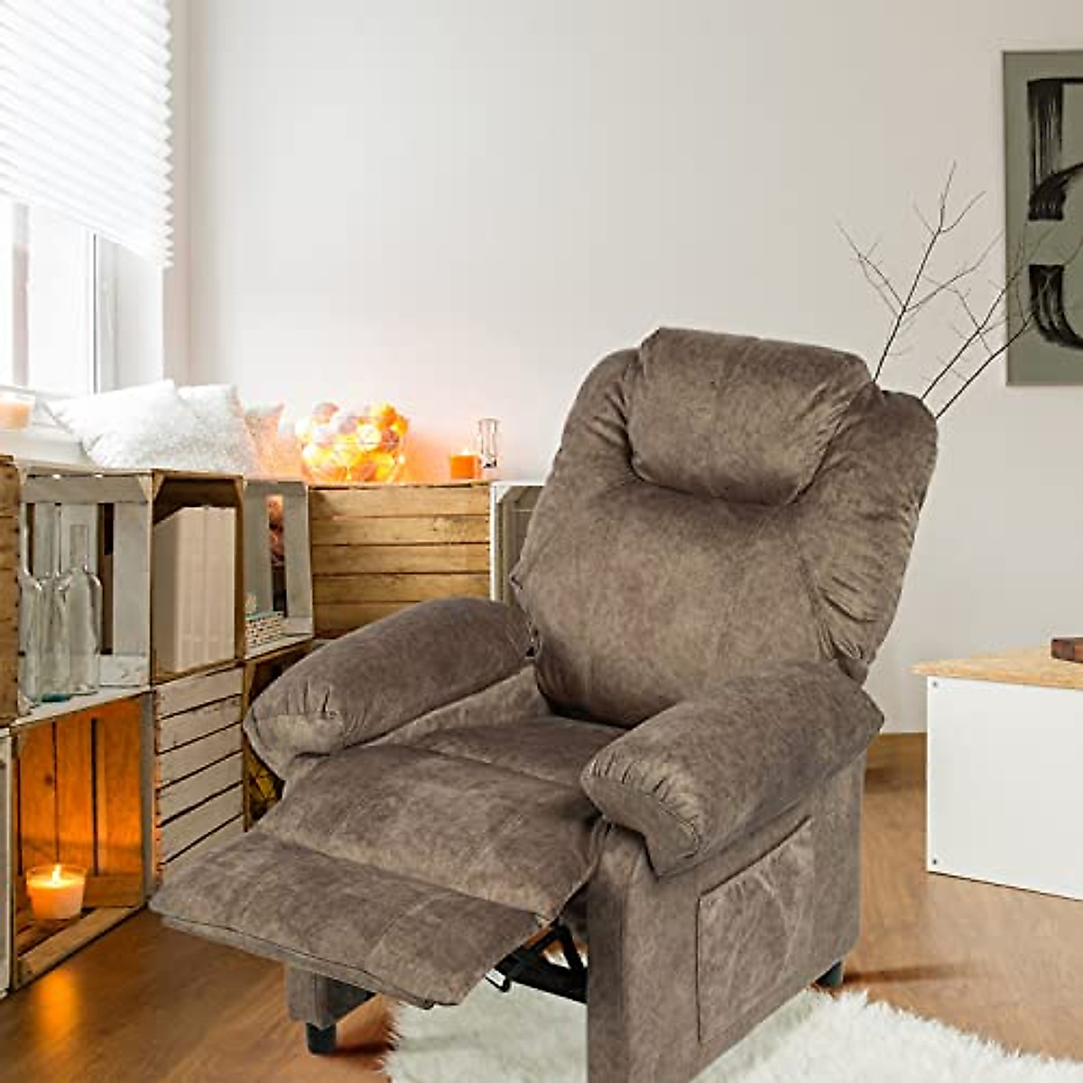 KCREAM Recliner Chair Massage Heated Fabric Overstuffed Ergonomic Lounge Chair for Living Room Single Sofa Chair Padded Seat with 2 Side Pockets, Vibration Function Reclining Chair (Brown)