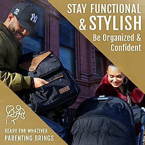 FlyDad - FirstBorn Men's Diaper Backpack, Stylish Diaper Backpack, Dad Diaper Bag, Mens Diaper Bag w/ 21 Compartments, Changing Mat, & Insulated Milk Pockets for Bottles (4oz), Brown Leather Accents