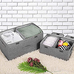 Valease 2 Pack Large Storage Boxes with Lids and Handles, Collapsible Linen Storage Bins Organizer Containers Baskets Cube with Removable Divider for Home Bedroom Closet Office (Grey, Large)