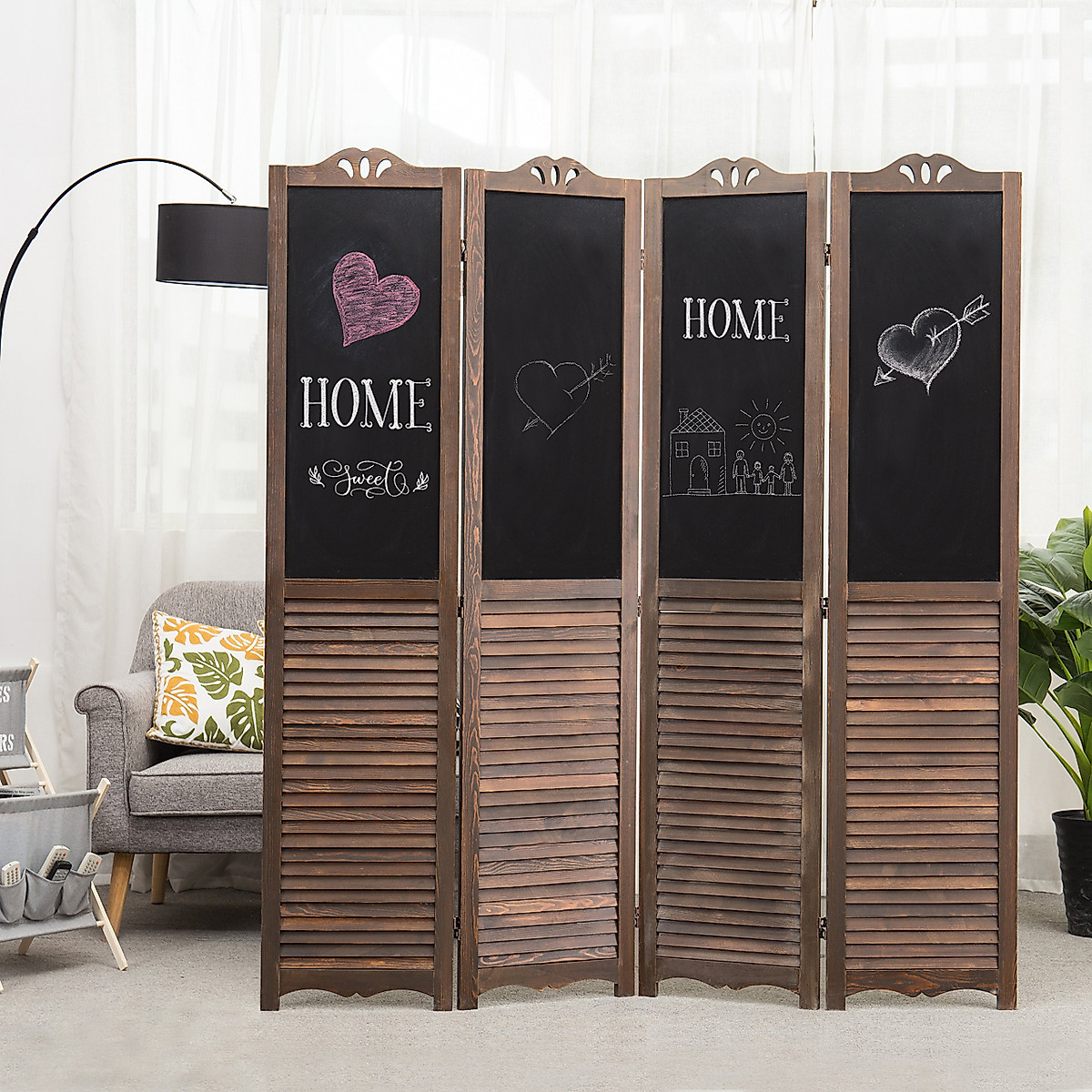 MyGift 4 Panel Rustic Dark Brown Wood Folding Room Divider Decorative Semi Private Screen with Chalkboard Panels and Two Way Hinges
