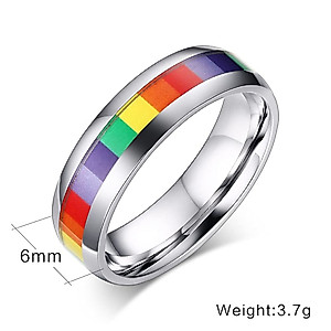 6mm Wide Square Rainbow LGBT Pride Band Rings Chuky Thick Black Enameled Stainless Steel Eternity Promise Statement Engagement Couple Rings Love is Love Finger Knuckle Rings Boyfriend Girlfriend Christmas Valentines Gifts (Silver, 8)