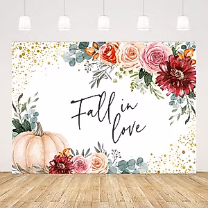 Sendy 7x5ft Fall in Love Backdrop Autumn Pumpkin Flowers Photography Background Wedding Anniversary Love Engagement Bridal Shower Party Decorations Banner Photo Props