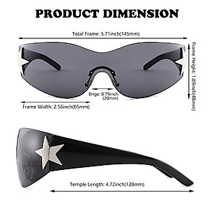 NULOOQ Rimless Y2K Sunglasses for Women Men – Trendy Star Shield Wrap Around Sunglasses Oversized Frameless Sun Glasses (Black/Gray)