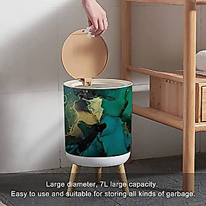 Trash Can with Lid Luxury Abstract Fluid Art Painting Alcohol Ink Technique Green and Press Cover Small Garbage Bin Round with Wooden Legs Waste Basket for Bathroom Kitchen Bedroom 7L/1.8 Gallon