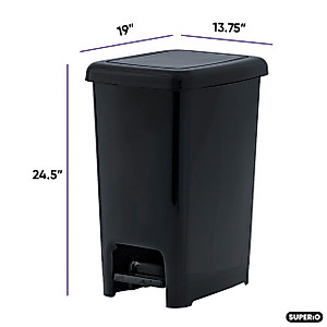 Superio Kitchen Trash Can, Slim Step On Garbage Can with Foot Pedal, 16 Gallon, 64 Qt. Large Black Heavy Duty Plastic Trash and Recycling Bin