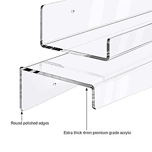 MAJOYLIFE 15 Inch Acrylic Floating Shelves,Clear Wall Mounted Book Shelf,Hanging Display Shelf for Bedroom Bathroom Living Room Office,Drilled and Self Adhesive (1 Pack)