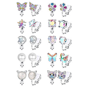Thunaraz 10 Pairs Cute Clip on Earrings for Women Hypoallergenic Butterfly Flower Pearl CZ Clip-on Women Multicolored Non-Pierced Earrings Set