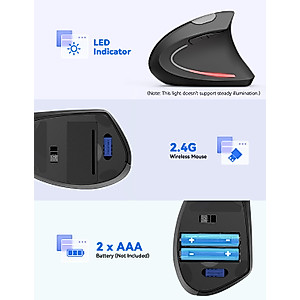 TECKNET Ergonomic Mouse, 4800 DPI Wireless Vertical Mouse with 5 Adjustable DPI Levels, 2.4GHz Optical Carpal Tunnel Mouse, 6 Buttons Wireless Mouse for Laptop, Desktop, PC, MacBook - Grey